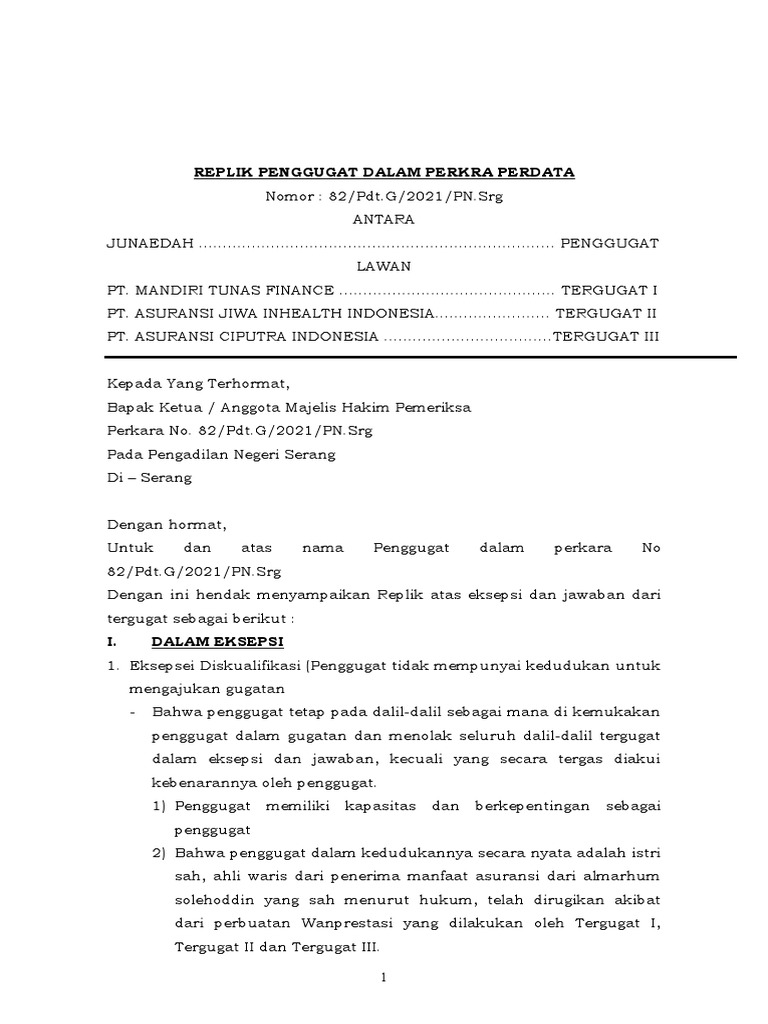 Replik Penggugat Dalam Perkara Perdata 82 | PDF