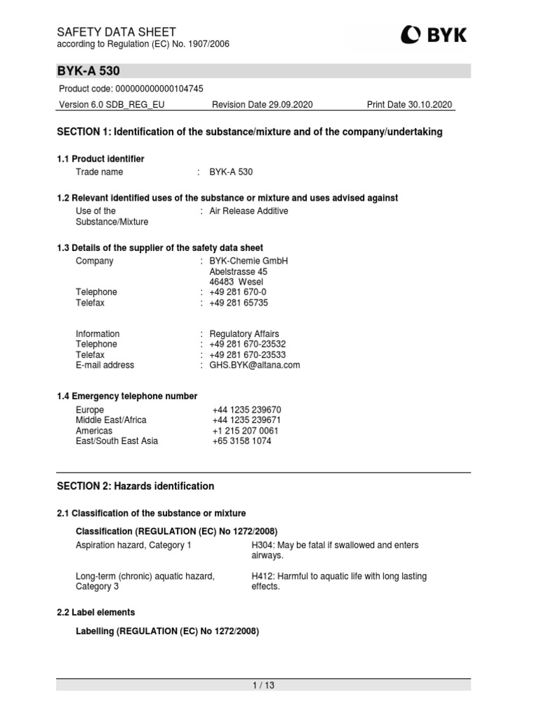 BYK-A 530: Safety Data Sheet | PDF | Dangerous Goods | Firefighting