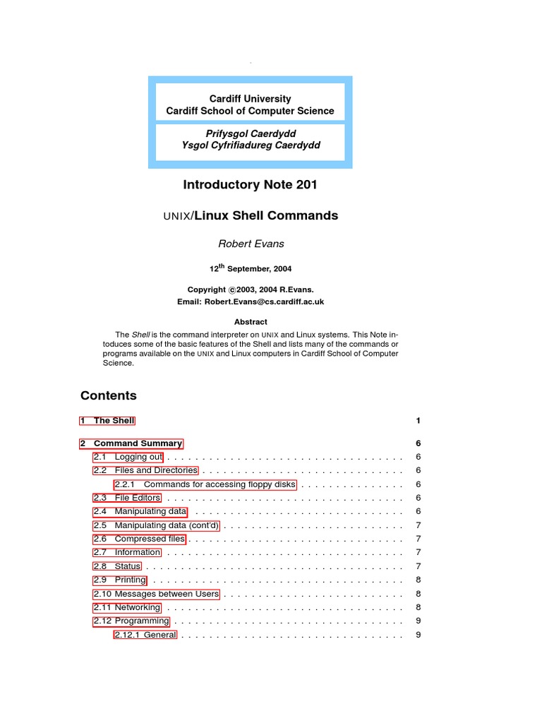 Introductory Note 201 /linux Shell Commands: Cardiff University Cardiff School of Computer ...