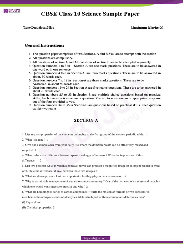 CBSE Class 10 Science Sample Paper Set 5 | PDF | Chemical Compounds ...