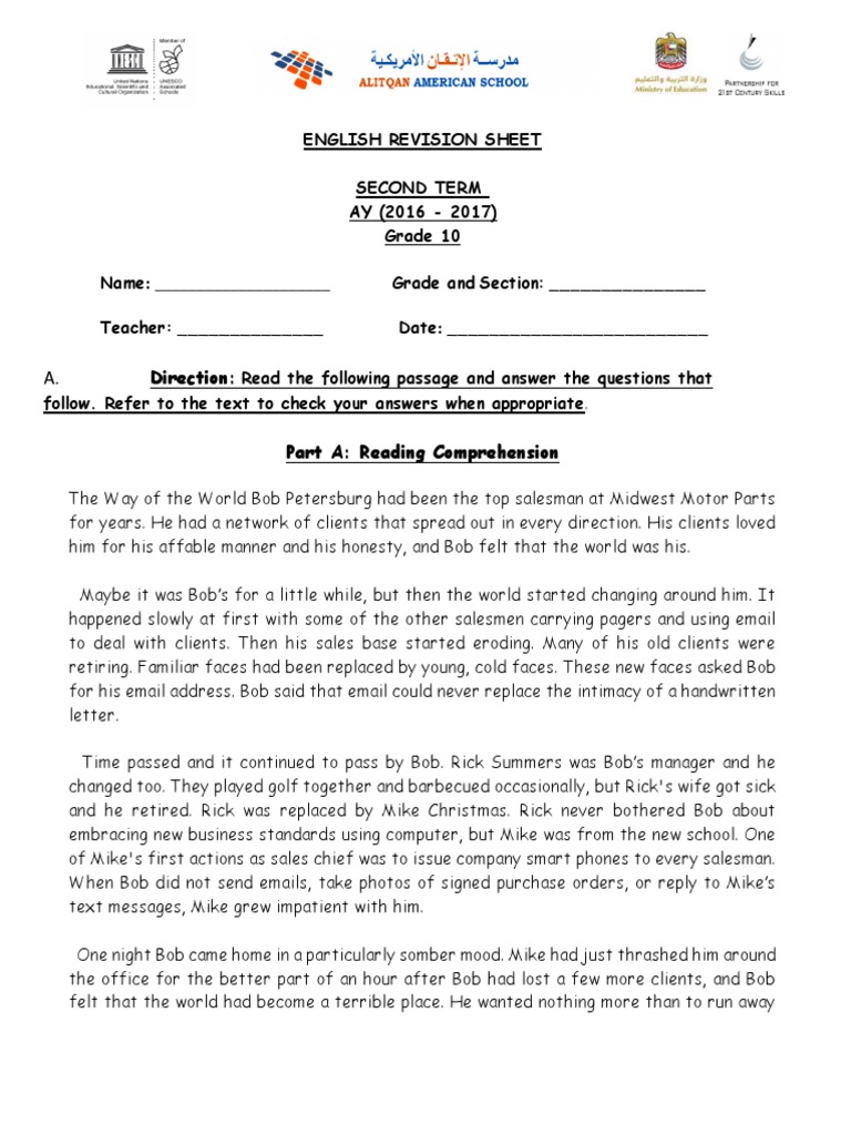 Grade 10 Revision Answer Key | PDF