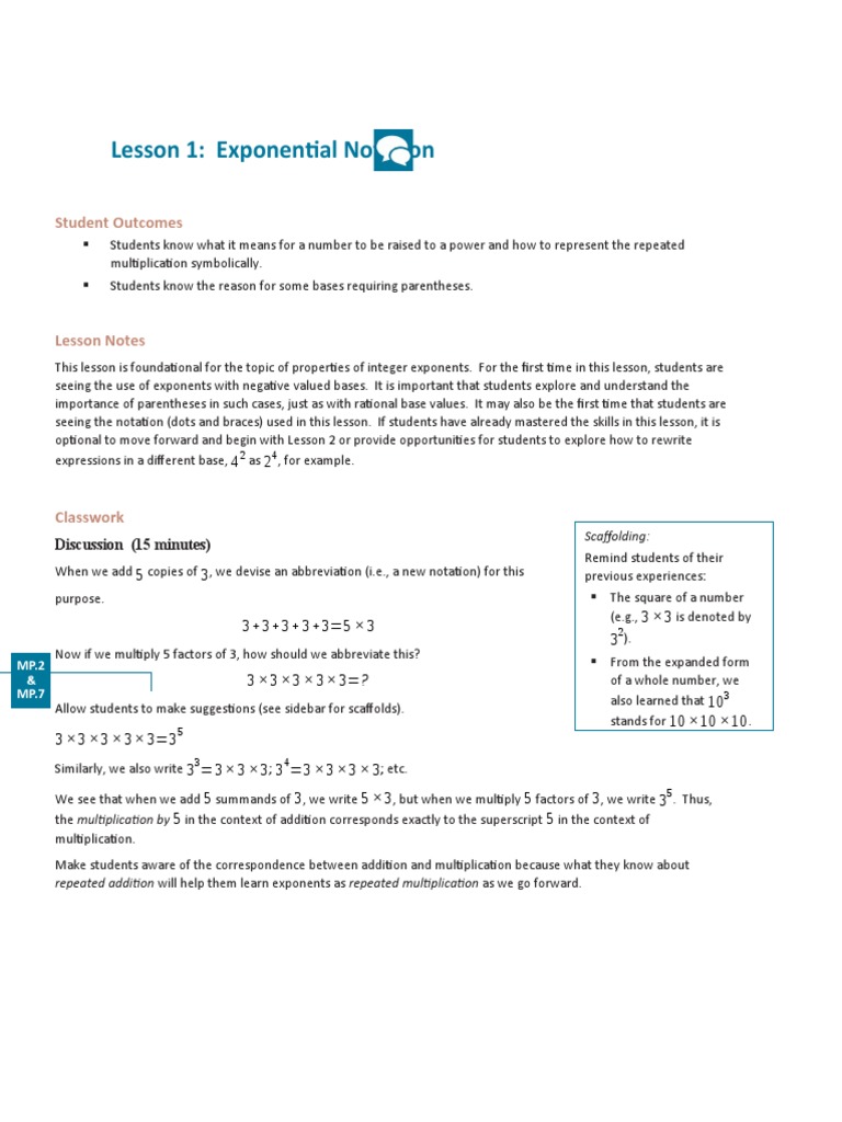 Lesson 1: Exponential Notation: Student Outcomes | PDF | Exponentiation ...