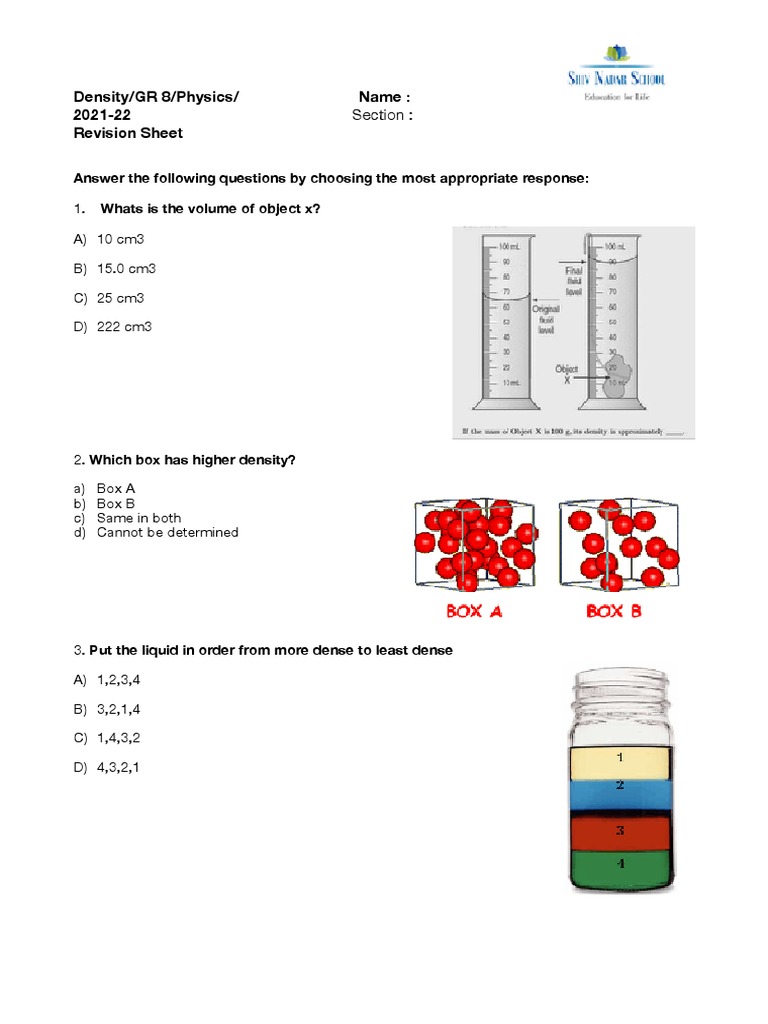 Density Revision Worksheet SA2B 2020-21 | PDF | Density | Volume