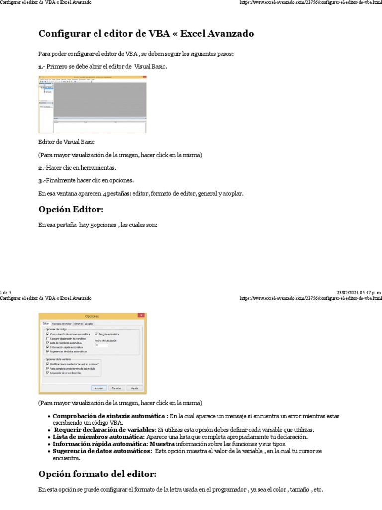 Configuracion Del Editor de VBA | PDF | Microsoft Excel | Básico