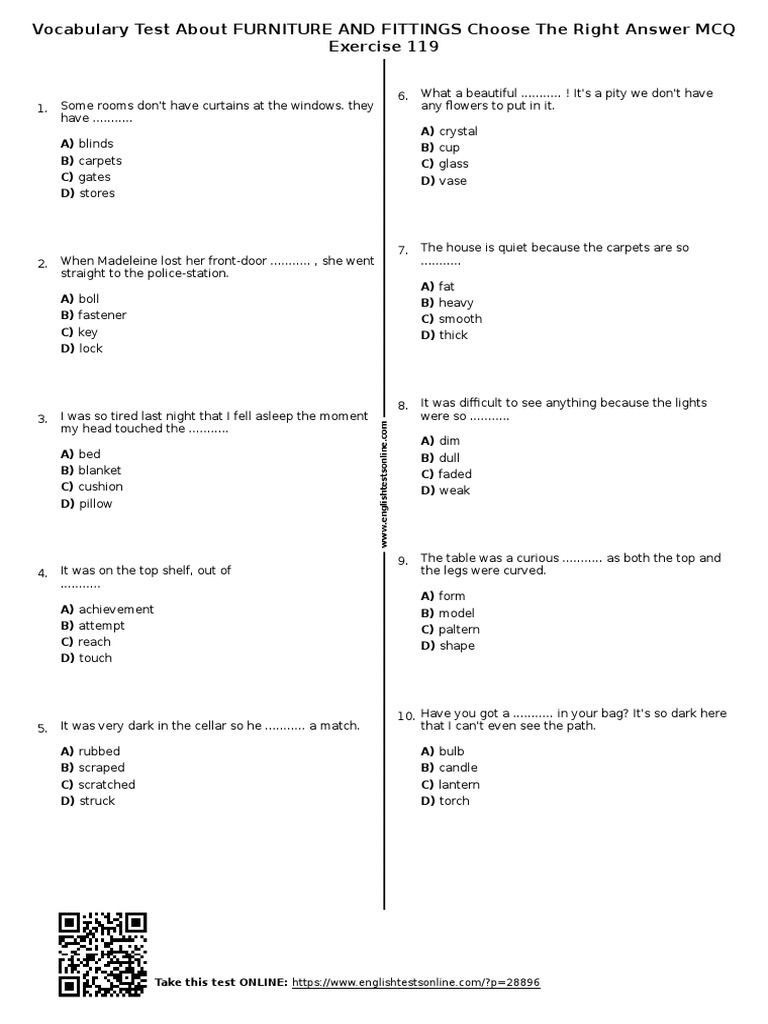1032 - Vocabulary Test About Furniture and Fittings Choose The Right ...