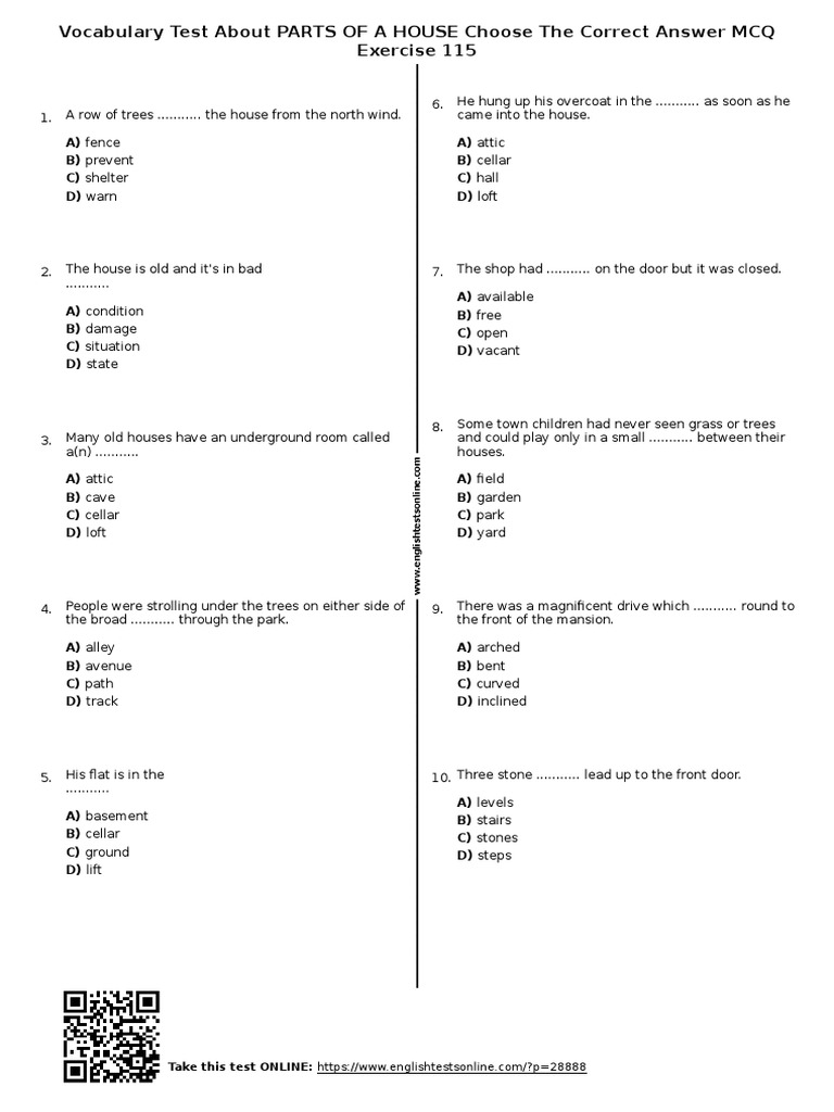 Vocabulary Test About PARTS OF A HOUSE Choose The Correct Answer MCQ ...