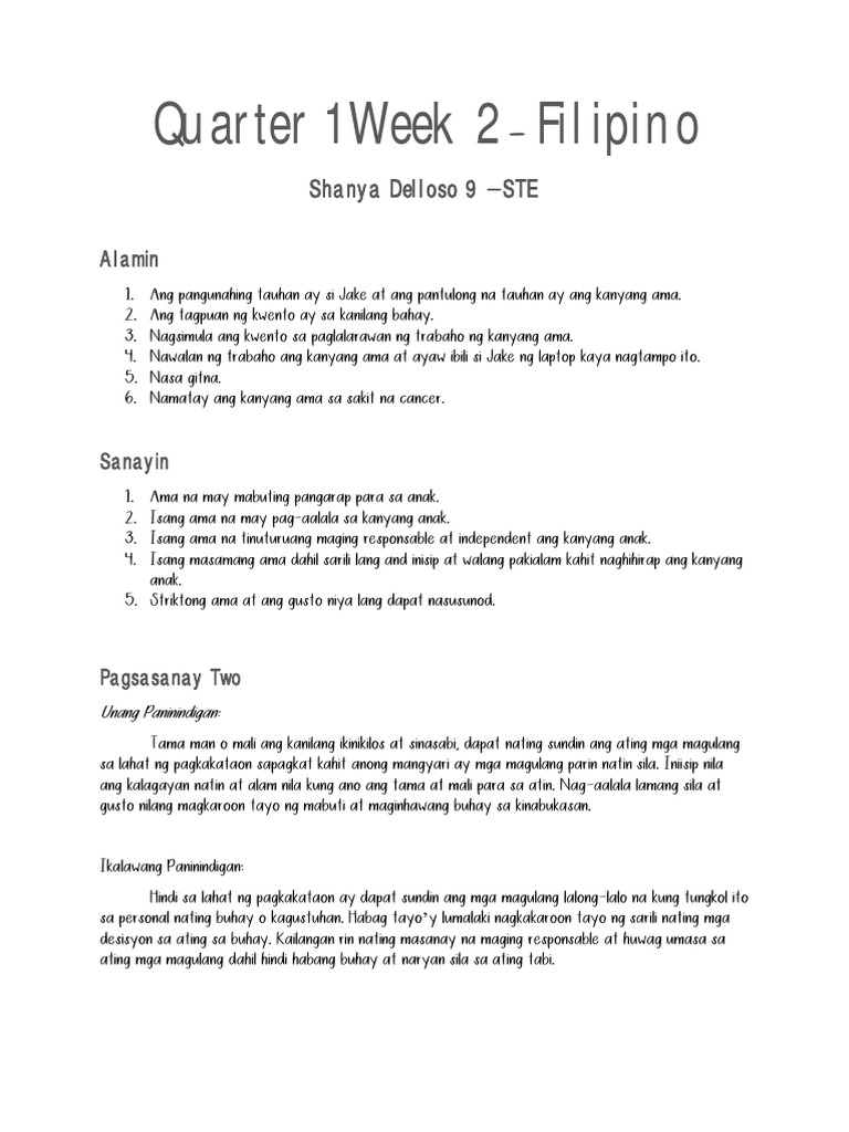Quarter 1 Week 2 Filipino | PDF