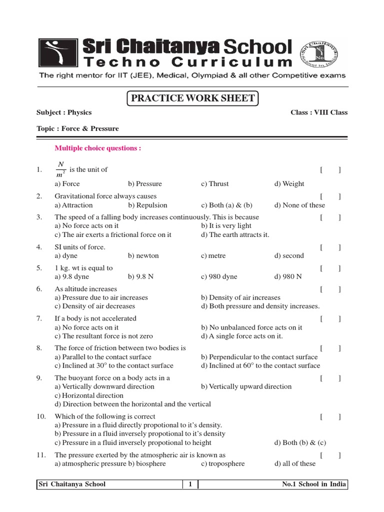 VIII Class Physics Practice Worksheets For OT - 1 | PDF | Force | Pressure
