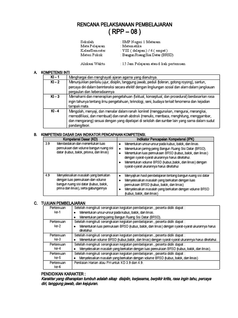 RPP Matematika Kelas 8: BRSD | PDF