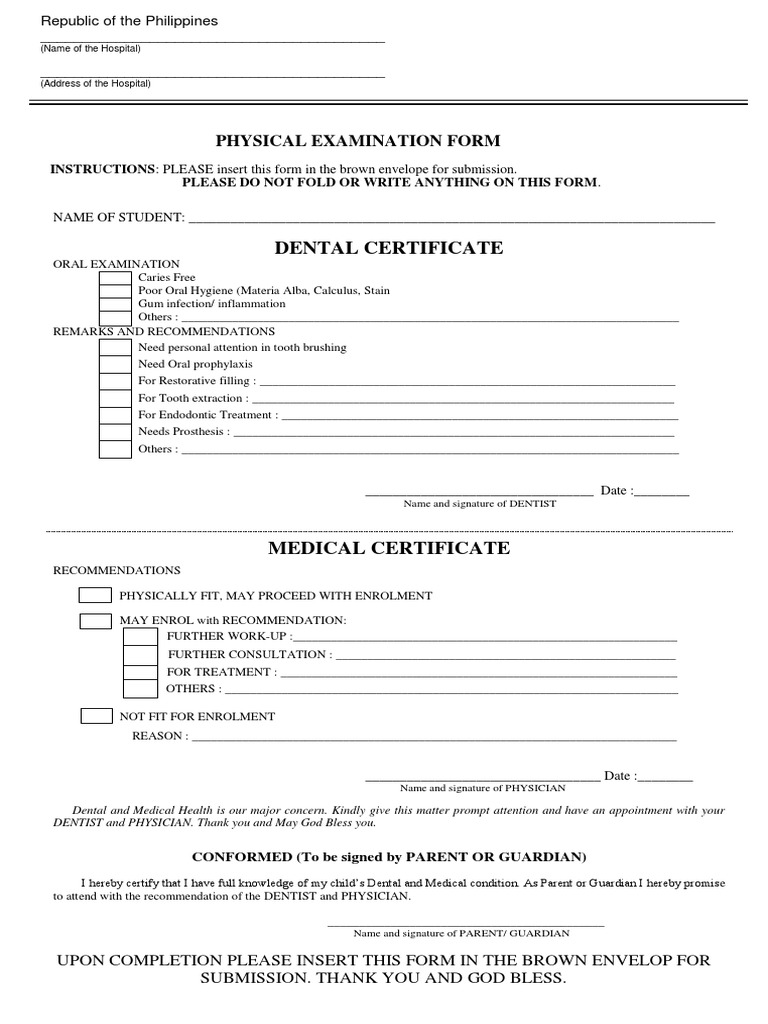 Philippines Student Health Examination Form | PDF | Dentistry | Dentist
