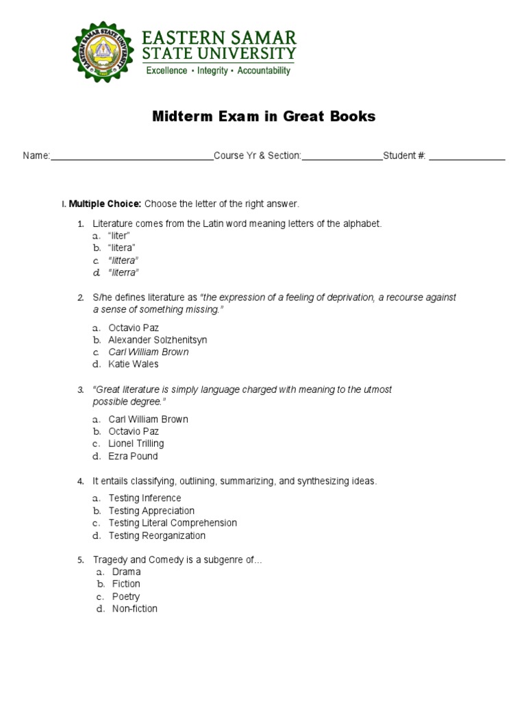 Midterm Exam in Great Books | PDF | General Fiction