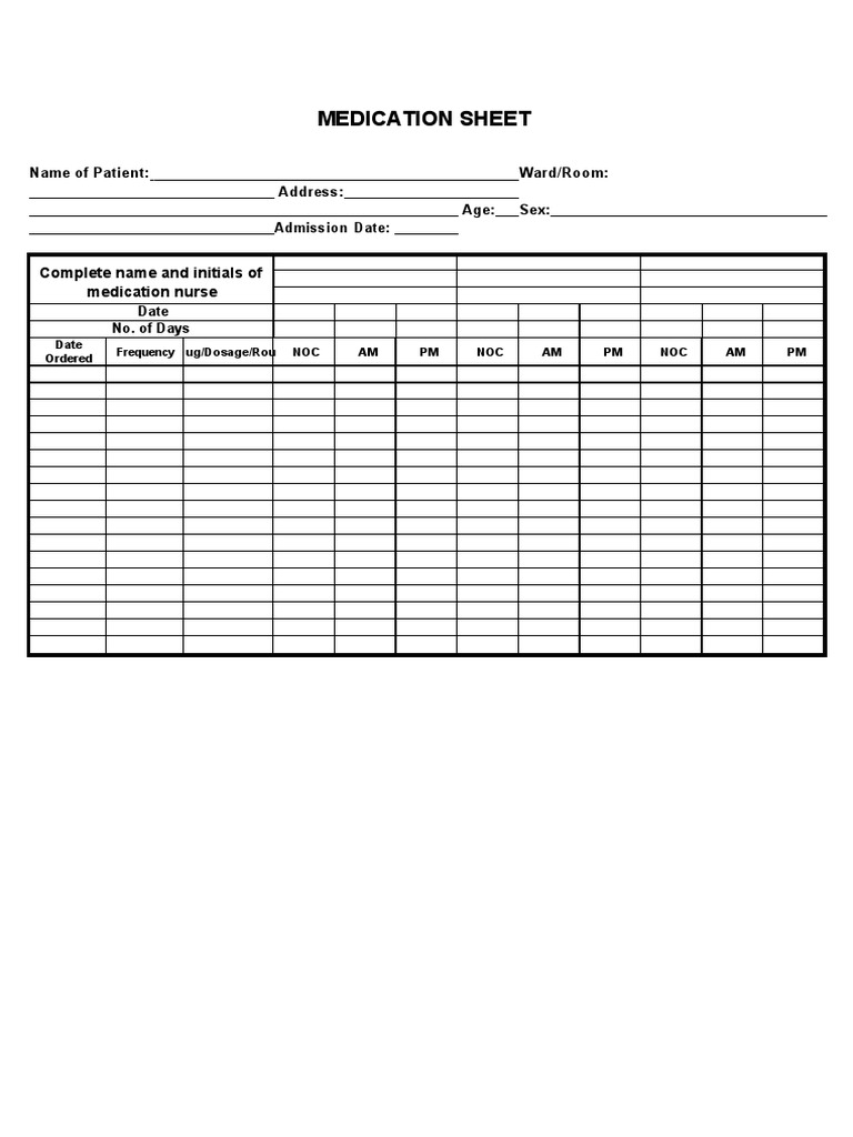 Medication Sheet: Complete Name and Initials of Medication Nurse | PDF