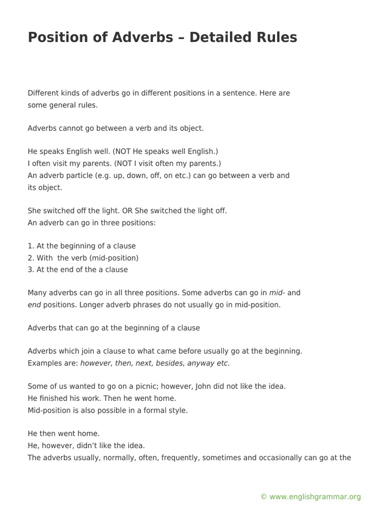 Position of Adverbs - Detailed Rules | PDF