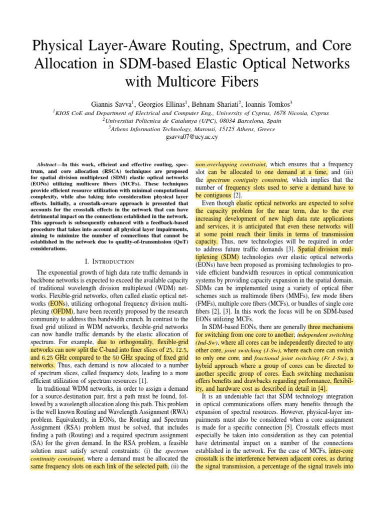 Physical Layer-Aware Routing, Spectrum, and Core. | PDF | Wavelength Division Multiplexing ...