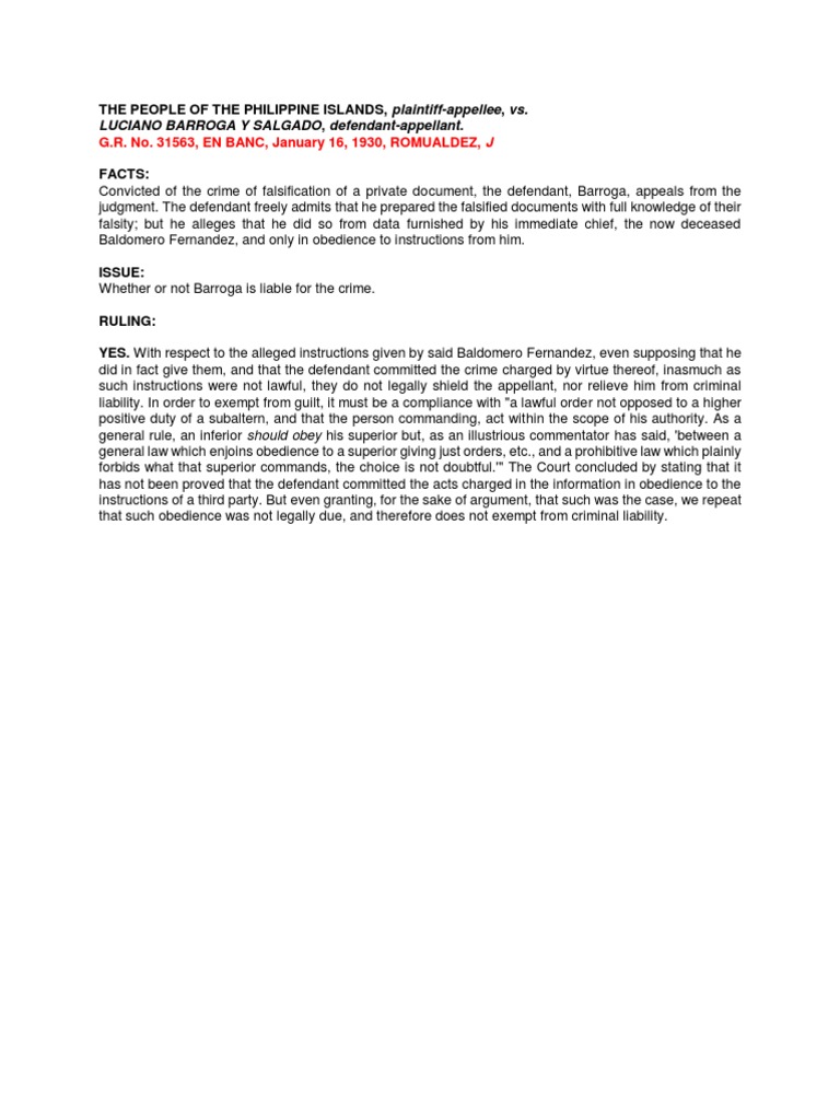 People vs. Barroga, G.R. No. 31563, 16 January 1930 | PDF