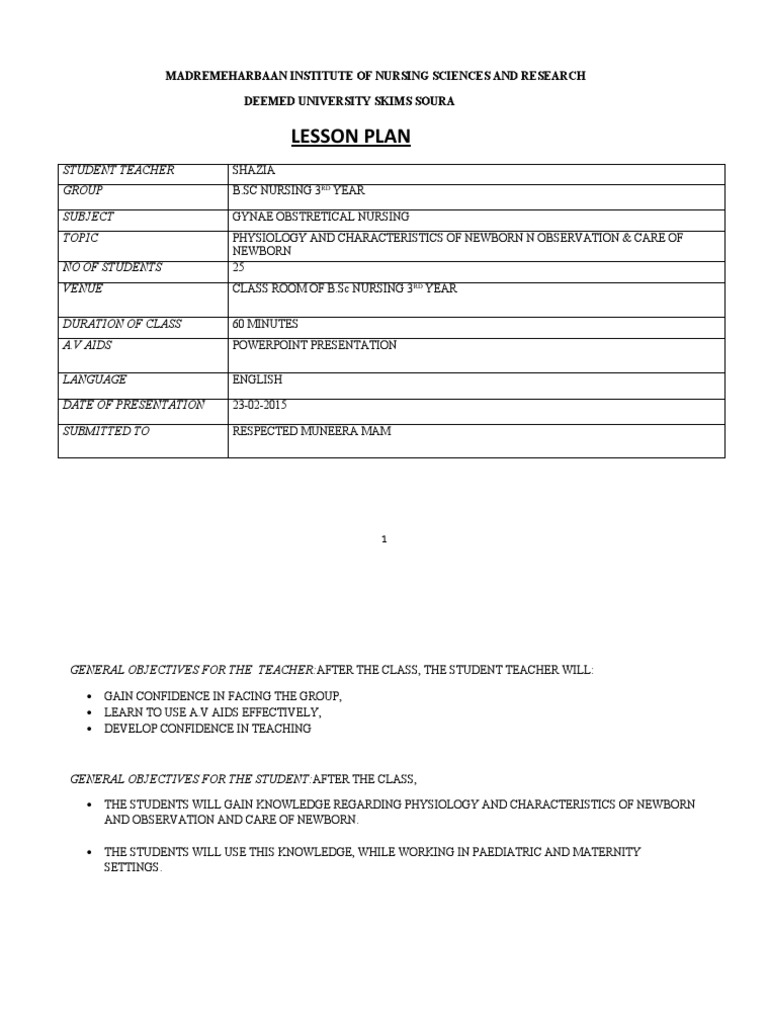 Lesson Plan Physiology of Newborn | PDF | Infants | Anatomy