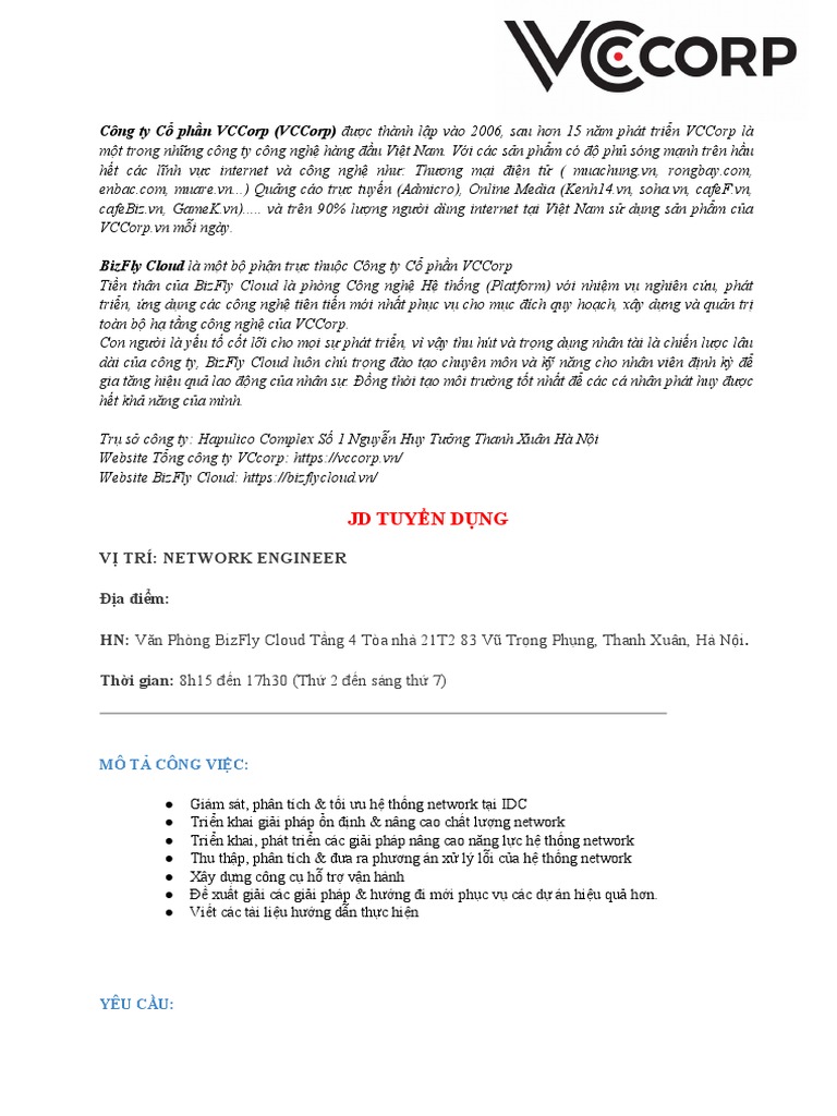JD Network Engineer - VCCorp | PDF