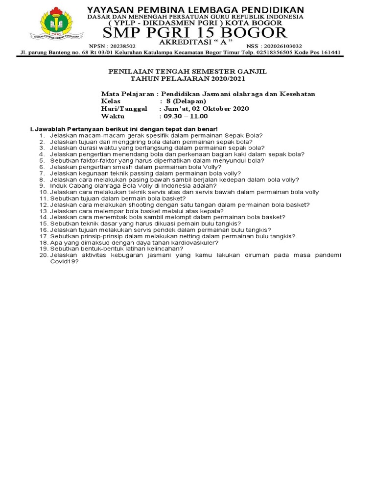 Soal PTS Ganjil 2020 Pjok Kelas Viii | PDF