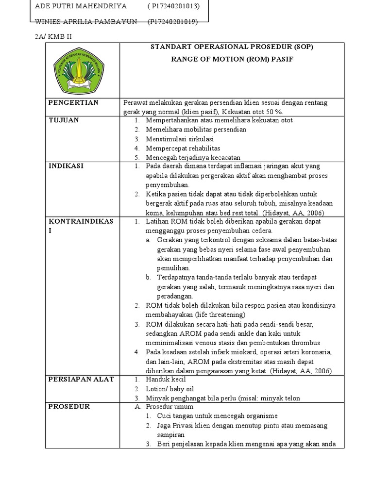 Kelompok 8 - Sop Latihan Rom Pasif Dan Aktif | PDF | Kesehatan Holistik