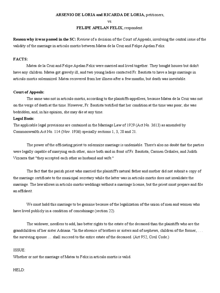 PFR Digested 4 - de Loria V Felix | PDF | Marriage | Common Law