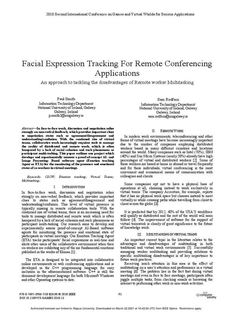 Facial Expression Tracking For Remote Conferencing Applications | PDF ...
