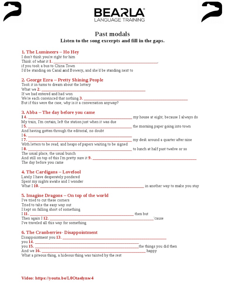 Past Modals in Songs Worksheet Activities With Music Songs Nursery ...