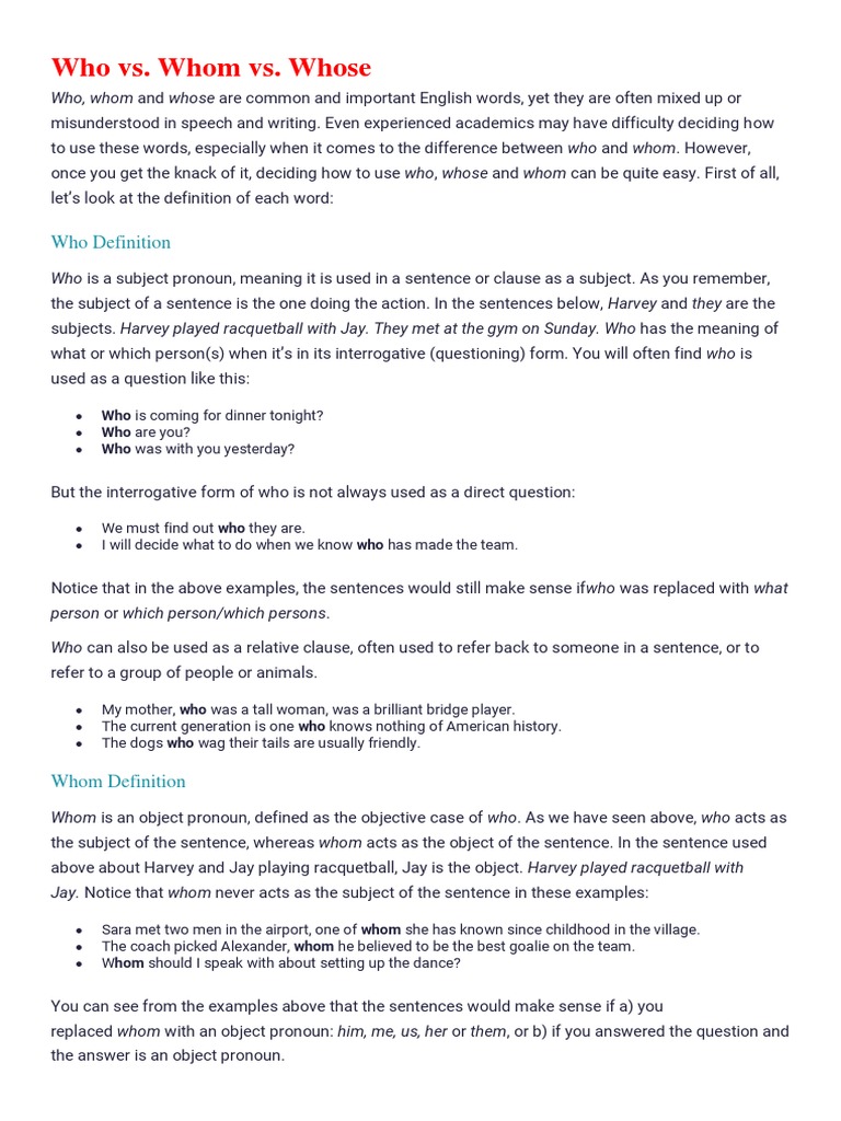 Who Vs Whose Vs Whom | PDF | Subject (Grammar) | Sentence (Linguistics)