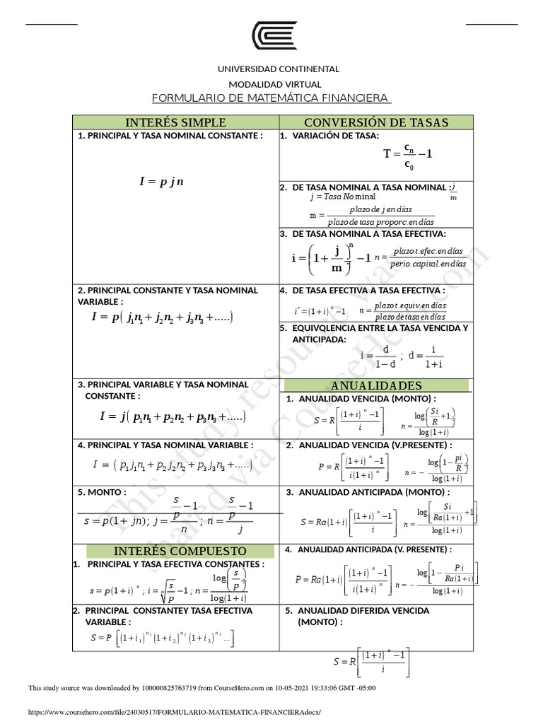 Formulario Financiera Matematica | PDF