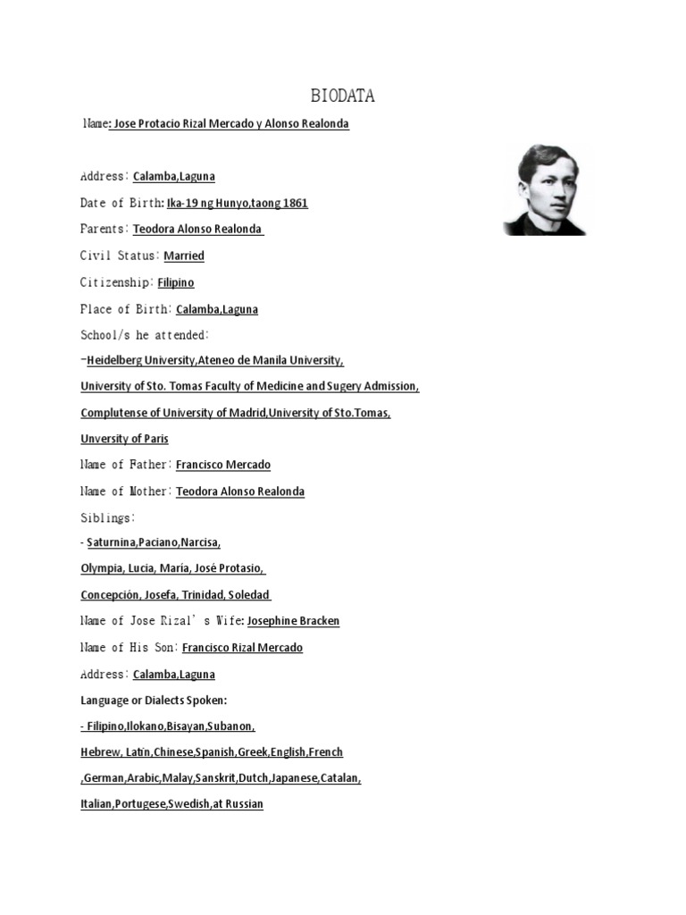 Jose Rizal's Biodata | PDF