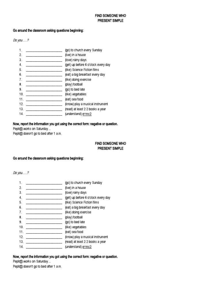 Find Someone Who Present Simple New | PDF | Language Arts & Discipline ...