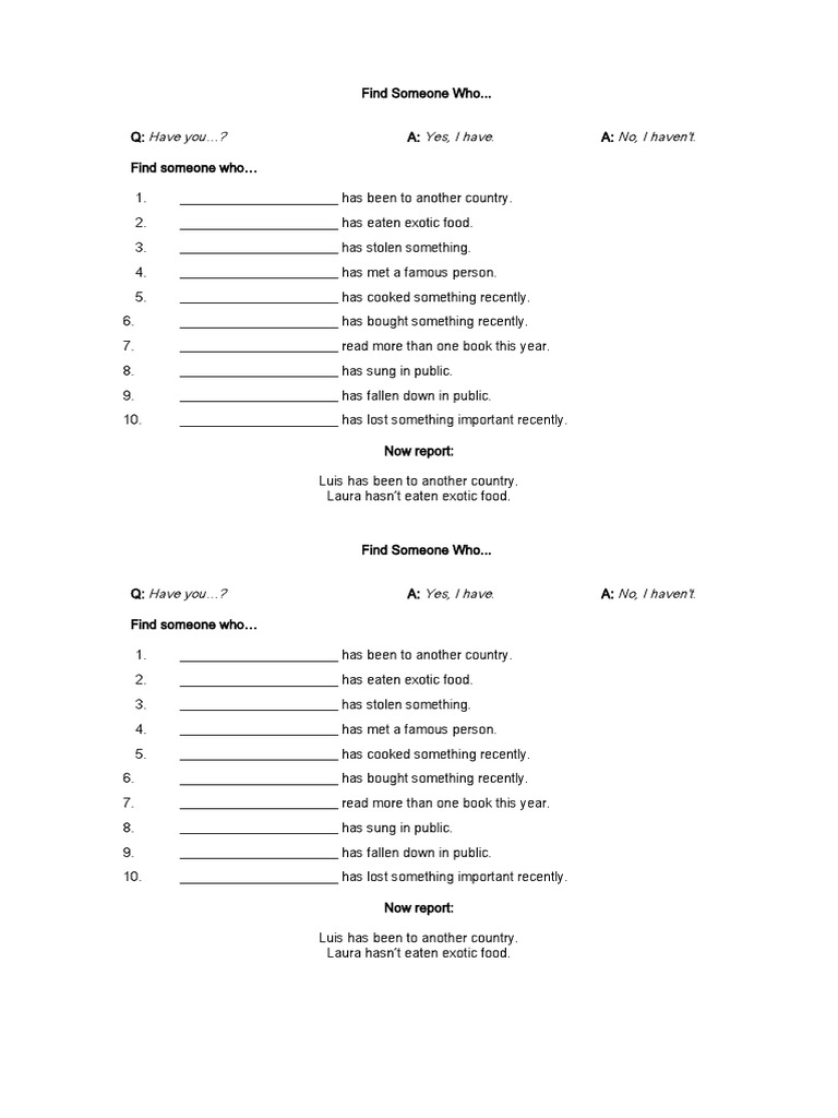 Present Perfect: Find Someone Who | PDF