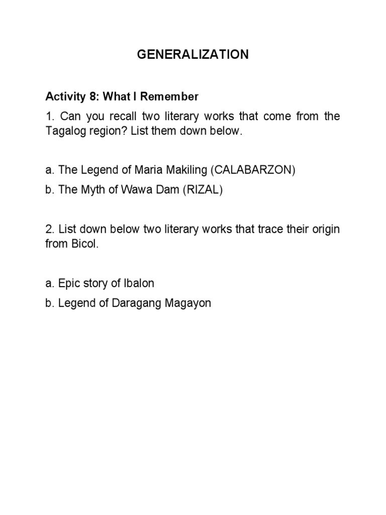 Generalization: Activity 8: What I Remember | PDF