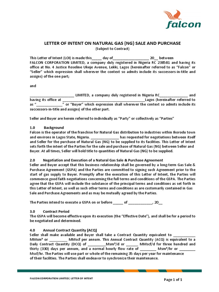 Falcon Corporation Letter of Intent For Natural Gas Utilization | PDF ...