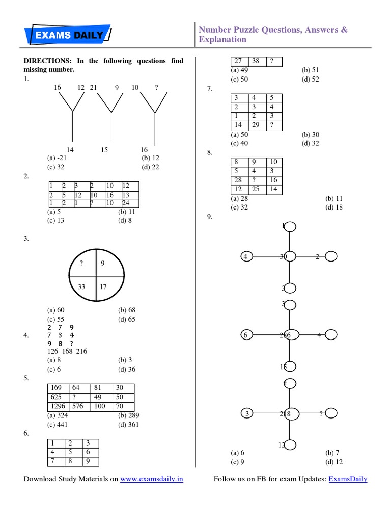 Number Puzzle Questions, Answers & Explanation: DIRECTIONS: in The ...