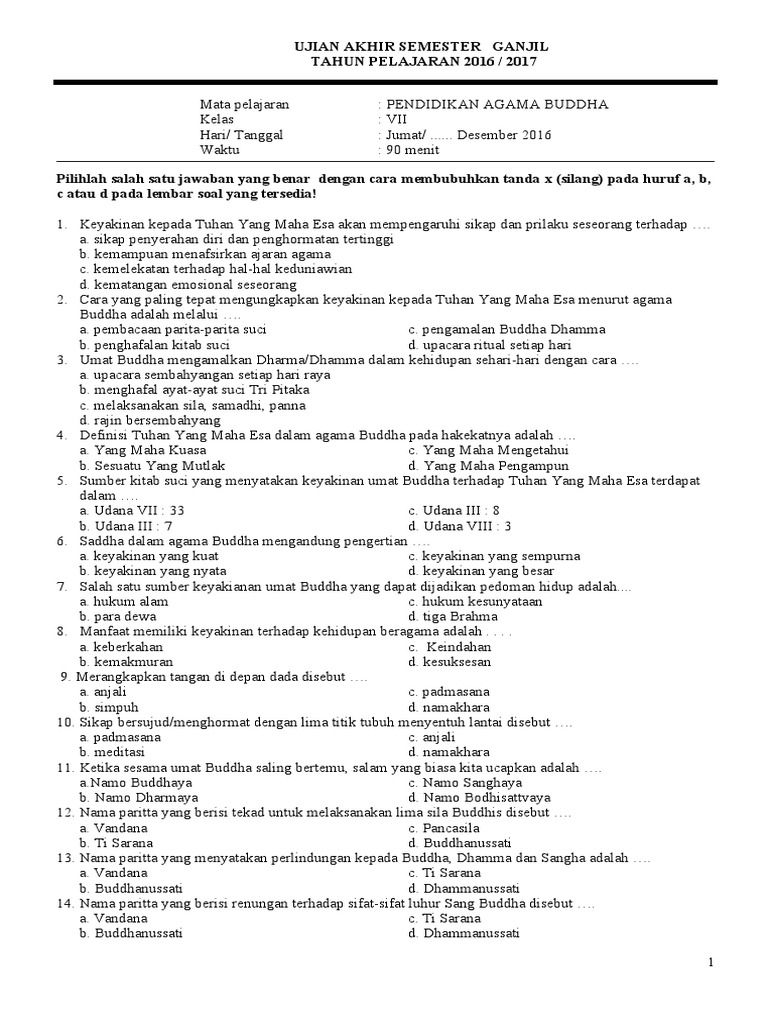 Soal Ulangan Umum Semester 1tahun 2016 | PDF | Agama & Spiritualitas