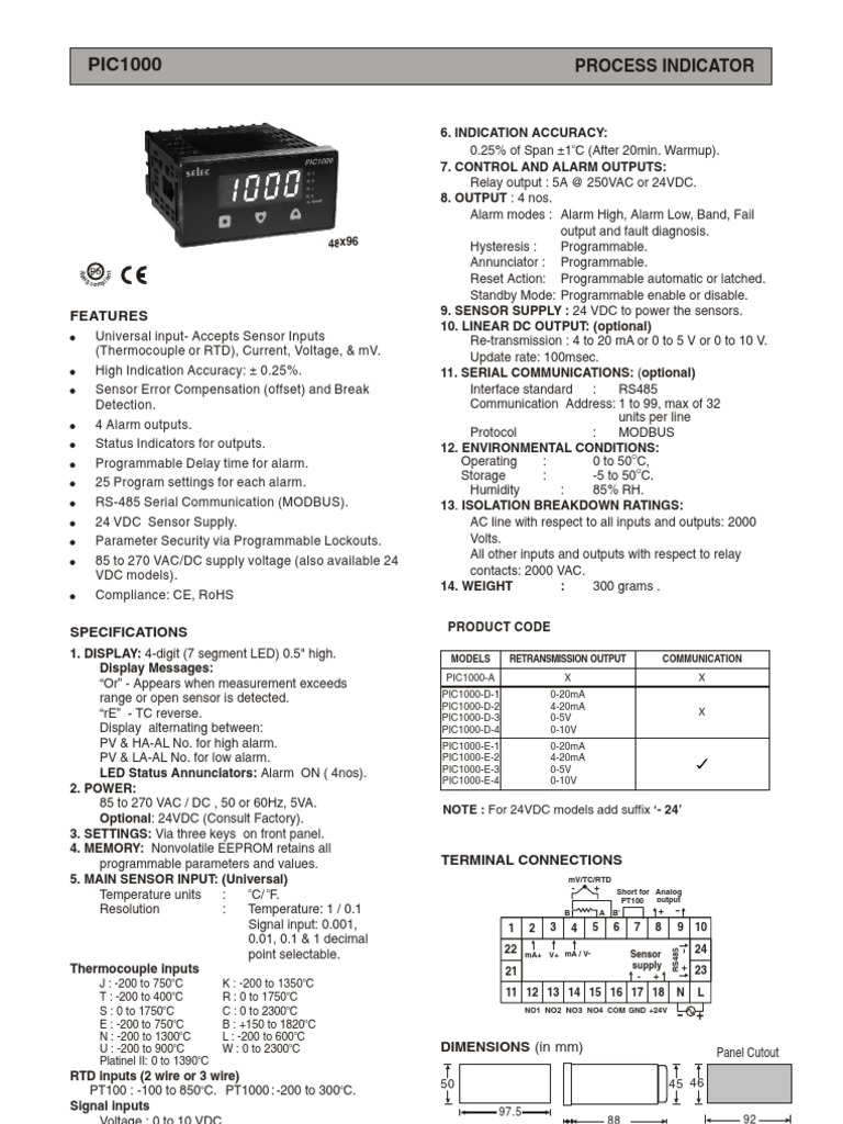 Digital Process Indicator Selectron PIC1000 | PDF | Relay | Sensor
