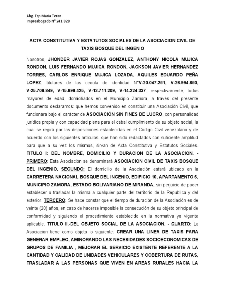 Acta Constitutiva y Estatutos Sociales de La Asociacion Civil Bosque Del Ingenio | PDF ...