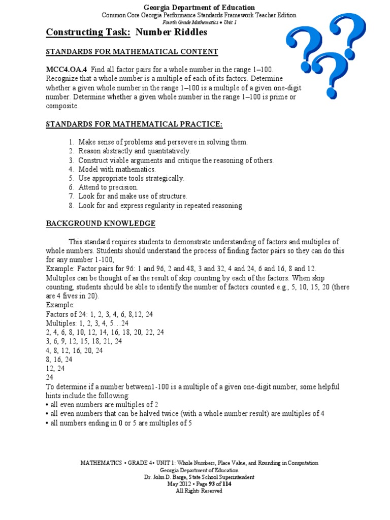Constructing Task: Number Riddles: Common Core Georgia Performance ...