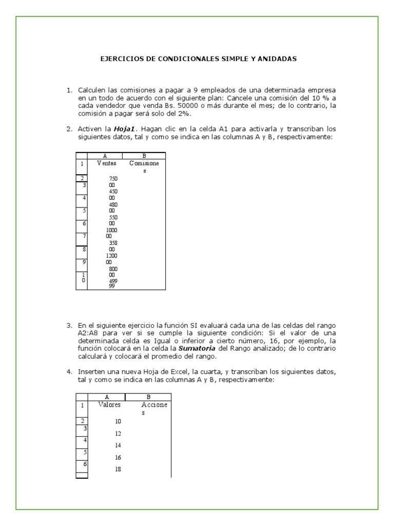 Ejercicios de Condicionales Simple y Anidadas | PDF | Microsoft Excel ...