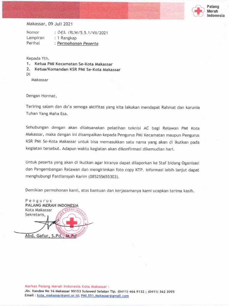 Surat PMI Permintaan Peserta Pelatihan Teknisi AC | PDF