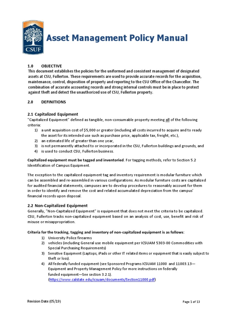 Asset Management Policy Manual: 1.0 Objective | PDF | Inventory ...
