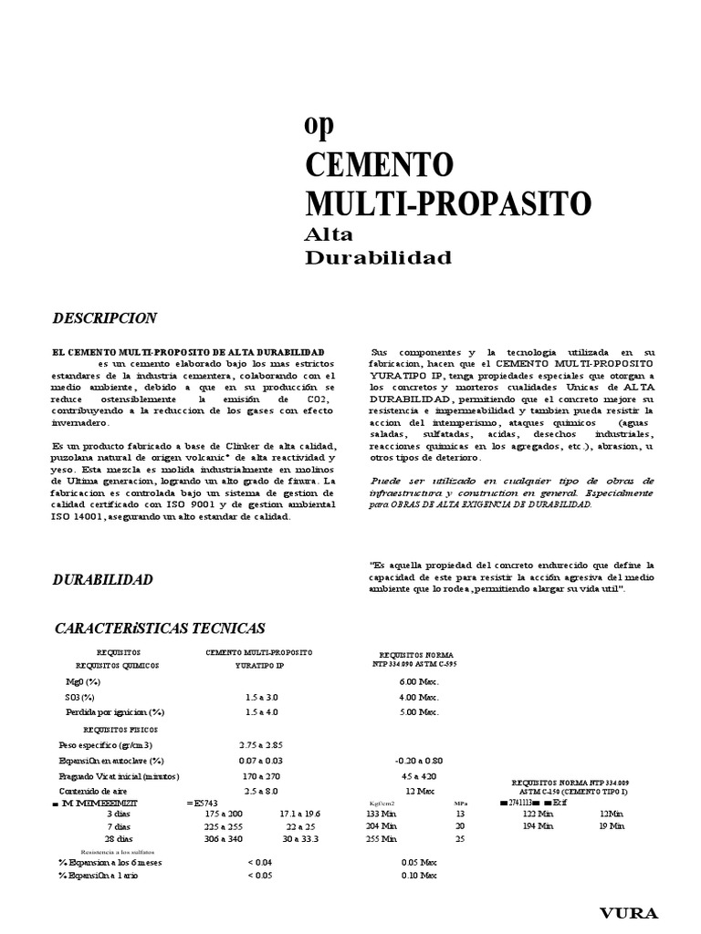 Ficha Tecnica Ip Cemento Multiproposito Yura | PDF | Cemento | Hormigón