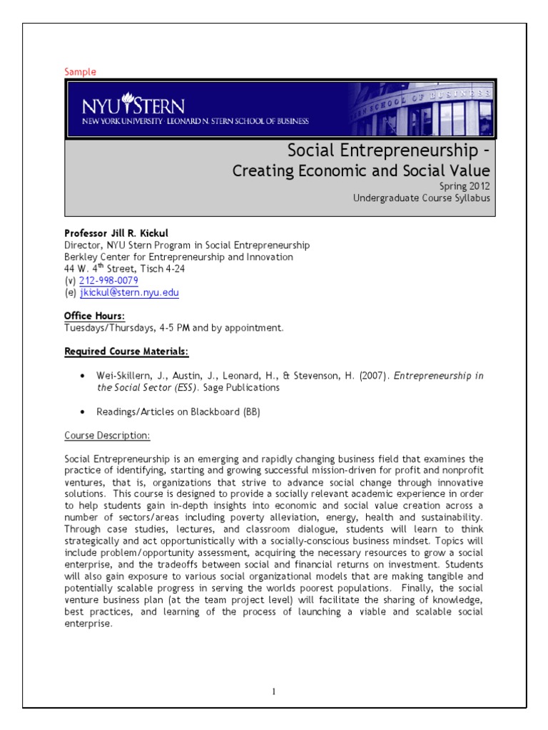 NYU Social Entrepreneurship Course Syllabus | PDF | Entrepreneurship ...