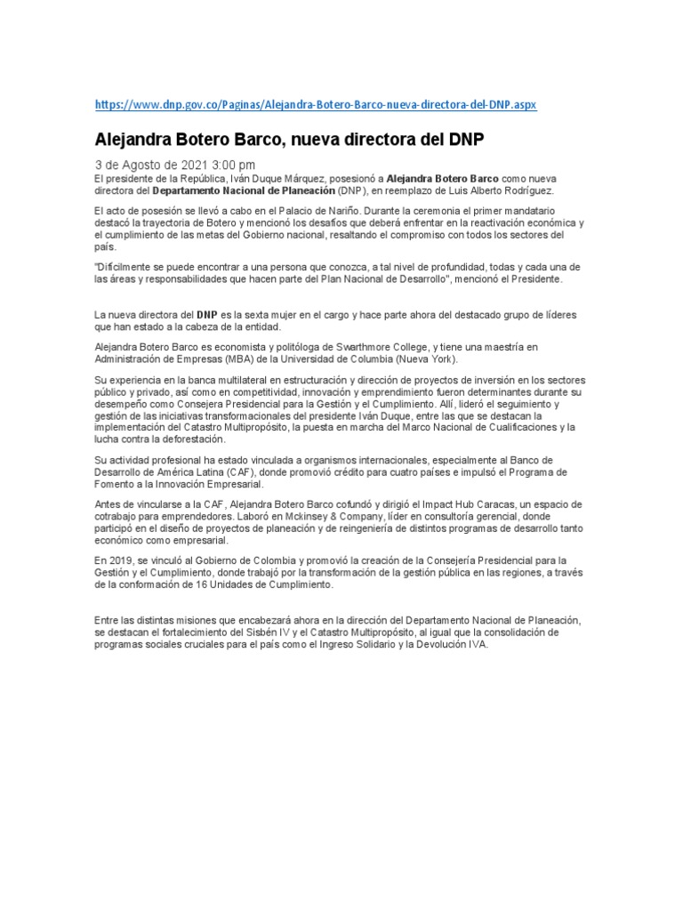 Alejandra Botero Barco, Nueva Directora Del DNP | PDF | Economias