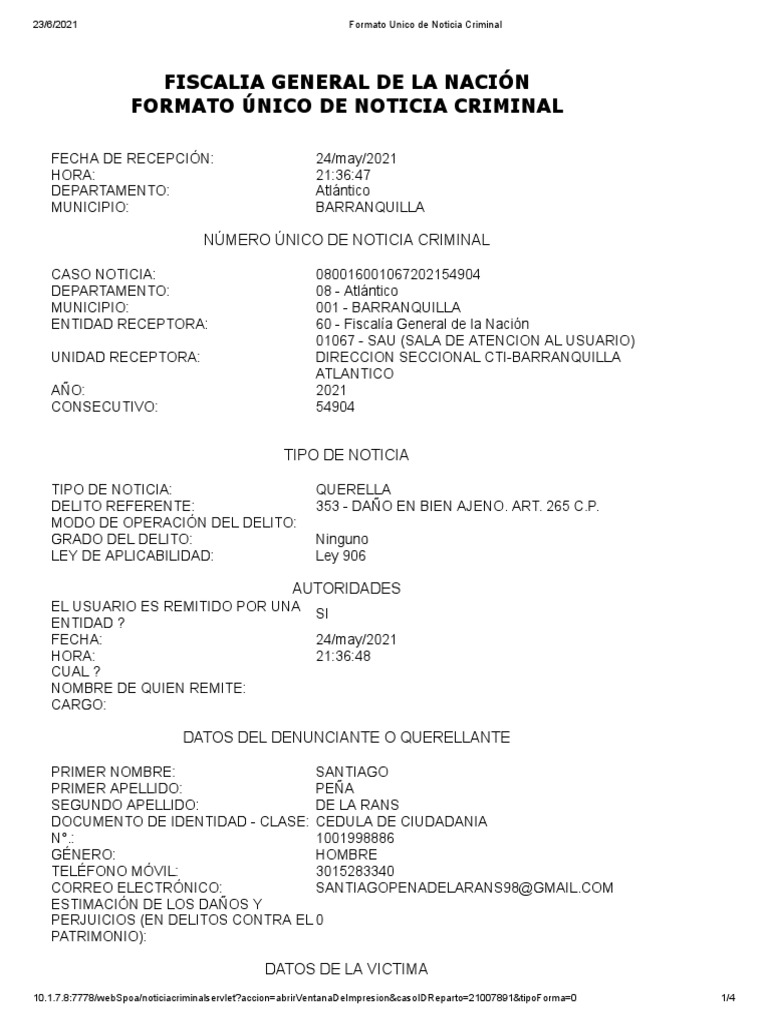 Formato Único de Noticia Criminal | PDF | Justicia | Crimen y violencia