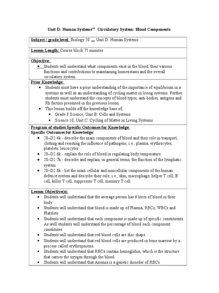 Blood Components Lesson Plan PDF Free | PDF | Red Blood Cell | Blood