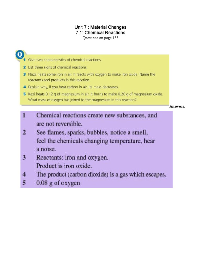 Unit 7: Material Changes 7.1: Chemical Reactions: Questions On Page 133 ...