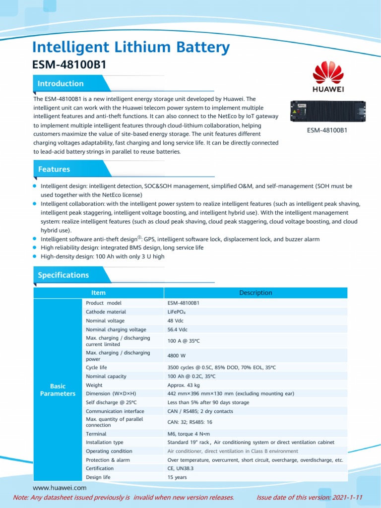 Intelligent Lithium Battery ESM 48100B1 Datasheet Draft A 01074746 010 ...