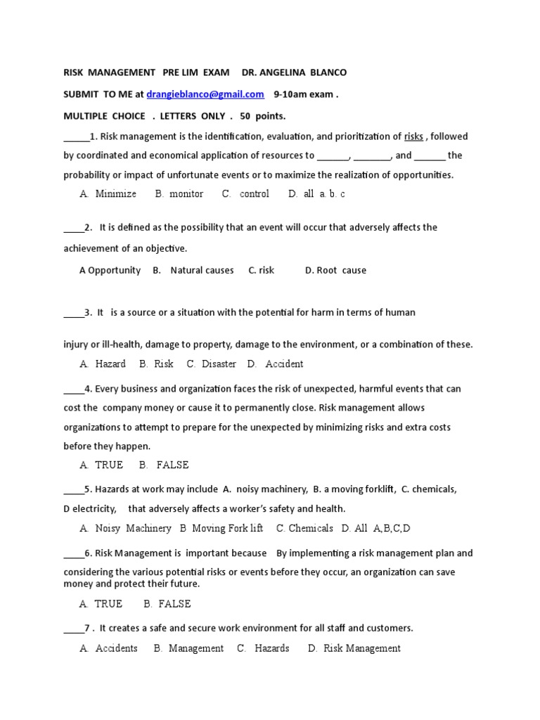 Risk Management Pre Lim Exam Dr. Angelina Blanco Submit To Me at 9-10am ...