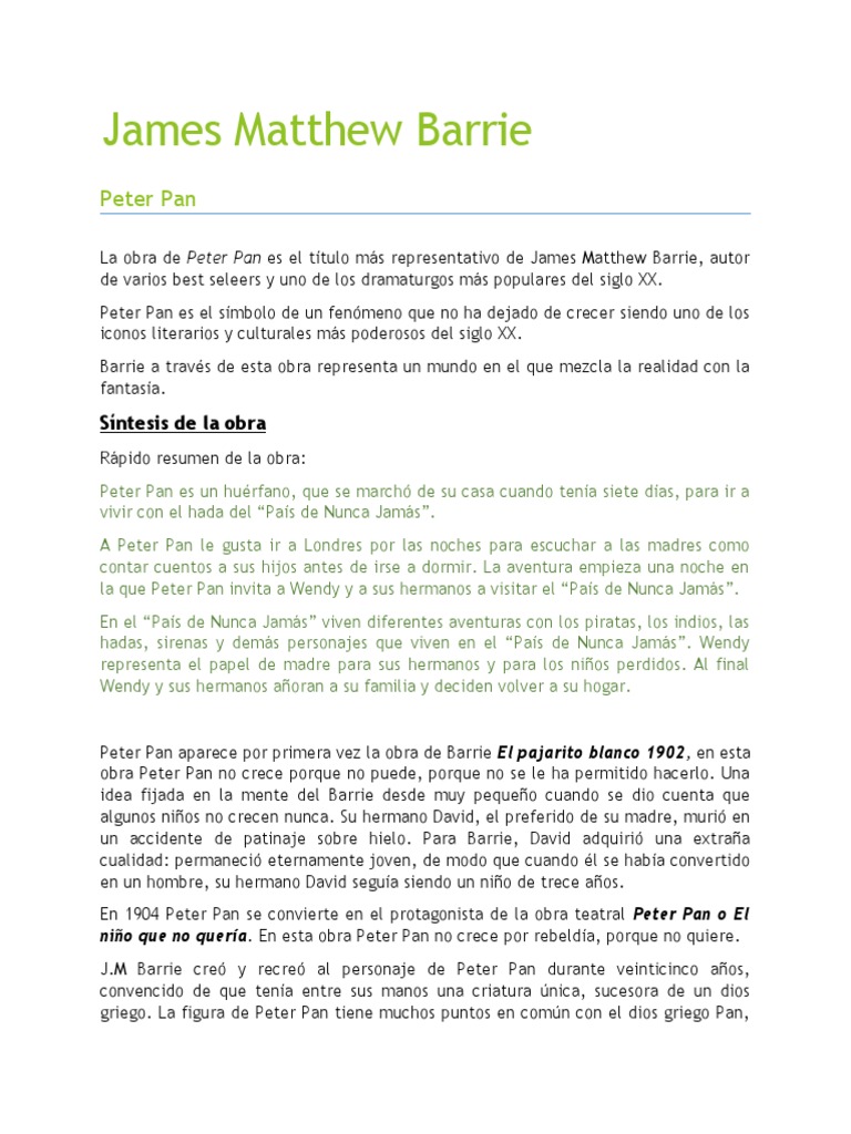 Análisis de la obra Peter Pan de J.M. Barrie: personajes, trama y ...